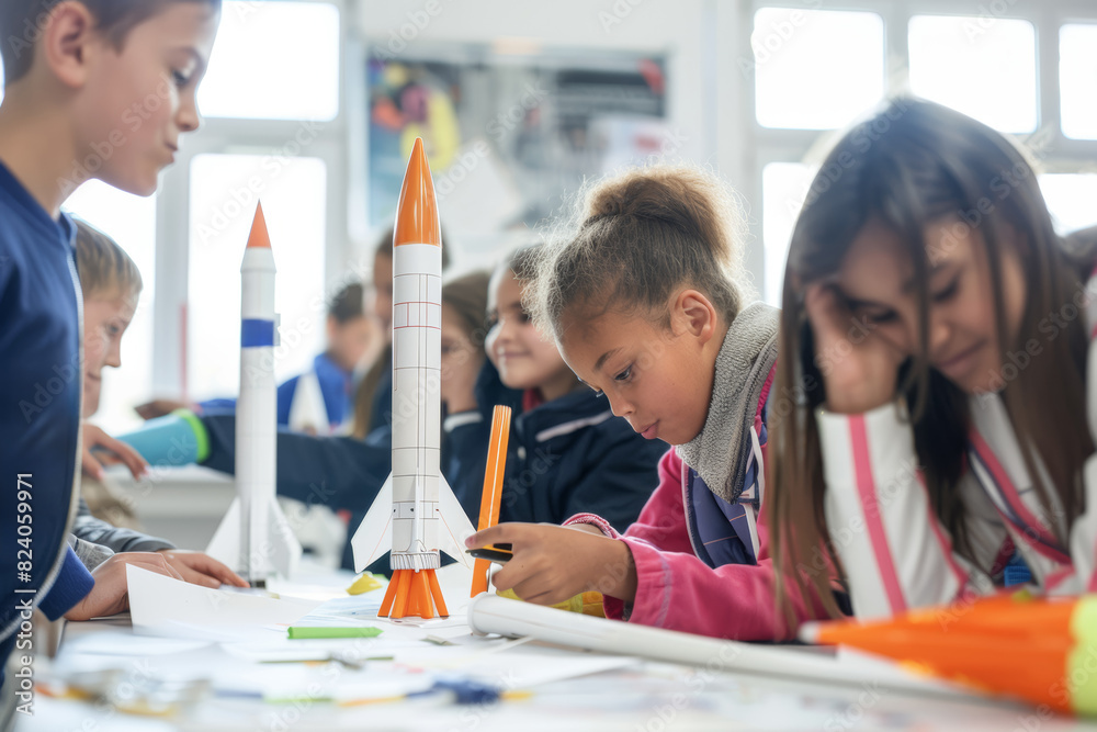 Excited students constructing model rockets and launching them into the ...