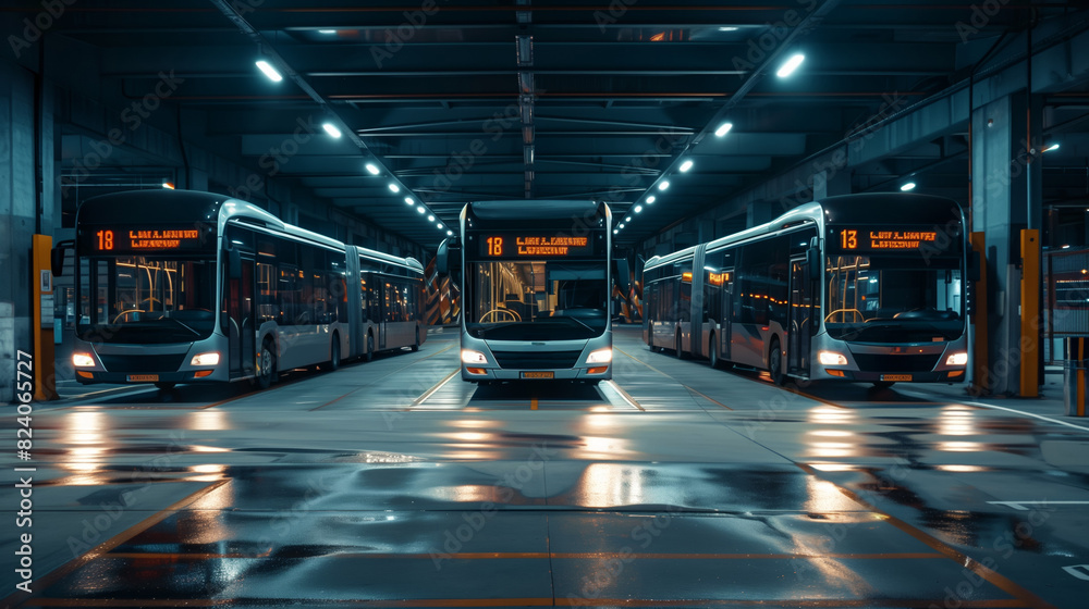 modern city bus terminal, many buses at station, public transport depot ...