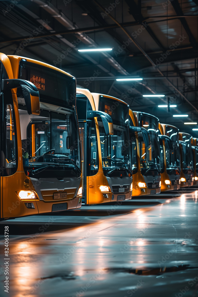 modern city bus terminal, many buses at station, public transport depot ...