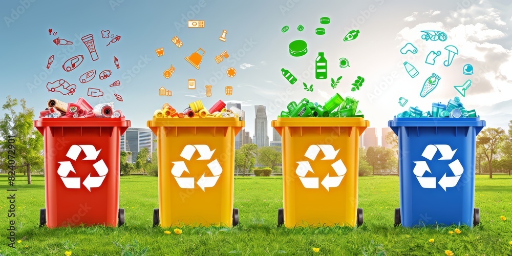 Recycling Bins: Organized Waste Management with Icons and Sorted ...
