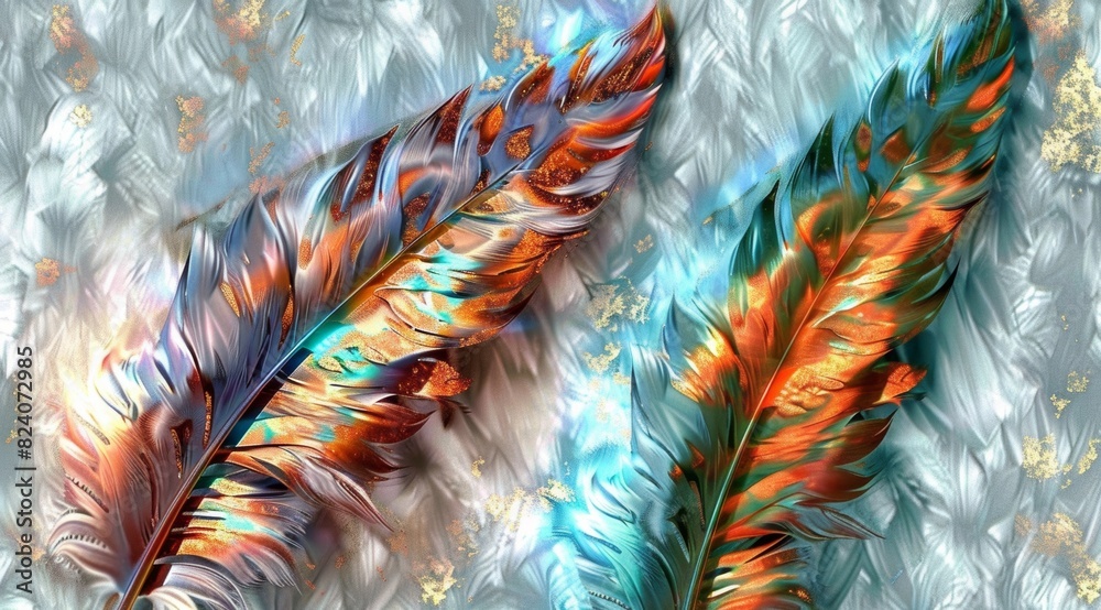 Design with two large rainbow colors down fluffy feathers flying. Pale ...
