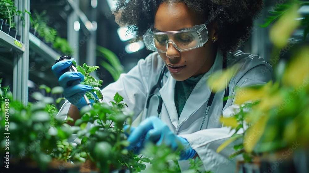Describe a scientist in a lab creating a hybrid plant that combines the ...