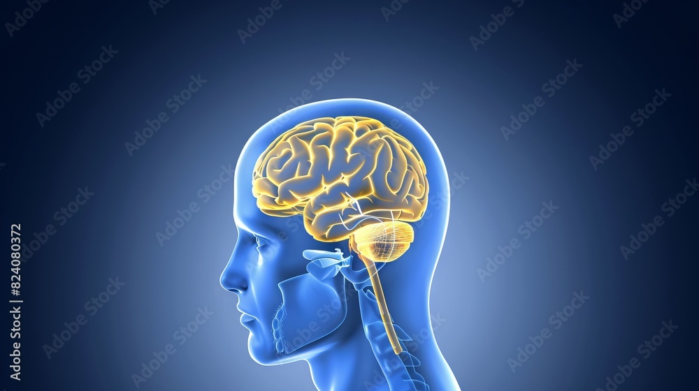 Illustration of a human head with a glowing brain with highlighted ...