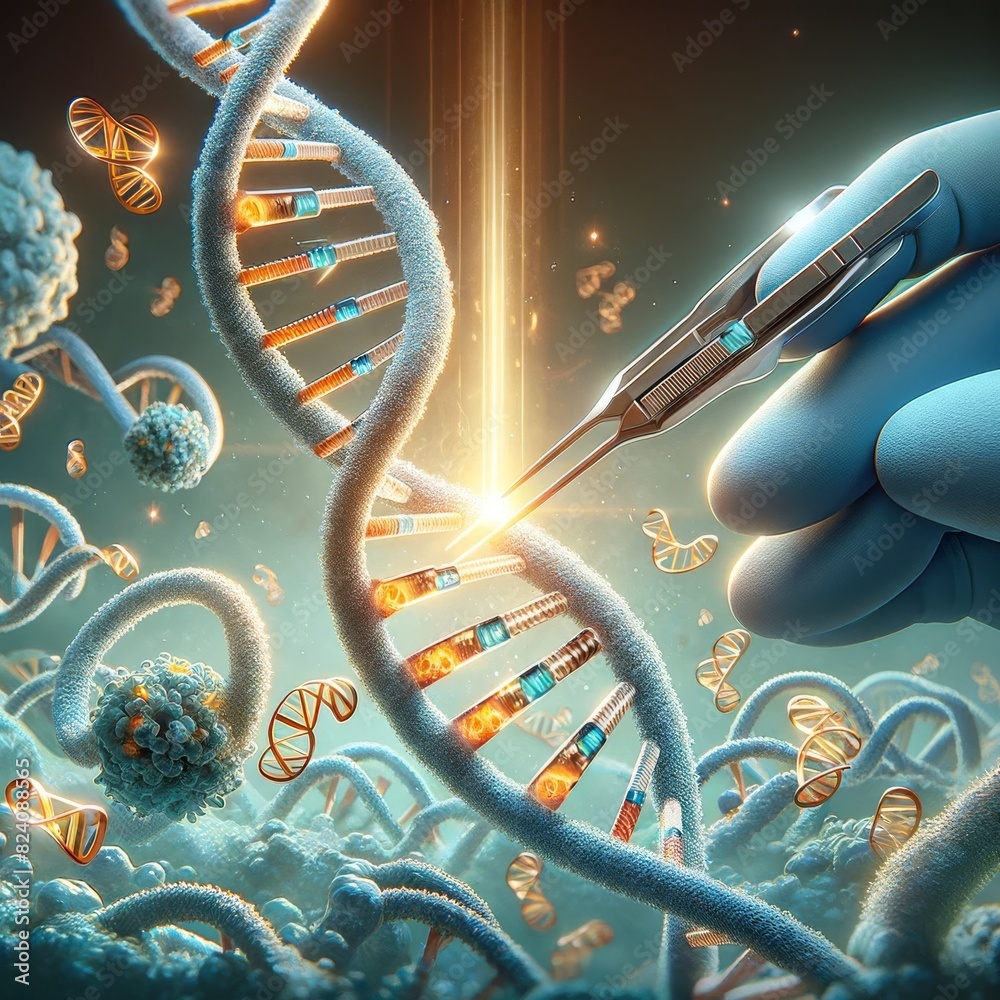 A highly detailed 3D illustration depicting a robotic hand performing precise gene editing on a ...