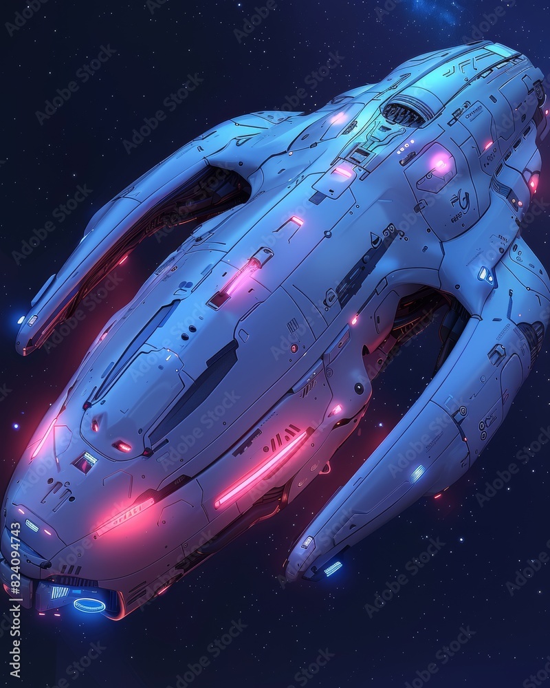 Futuristic spaceship glowing with neon lights in deep space, showcasing ...