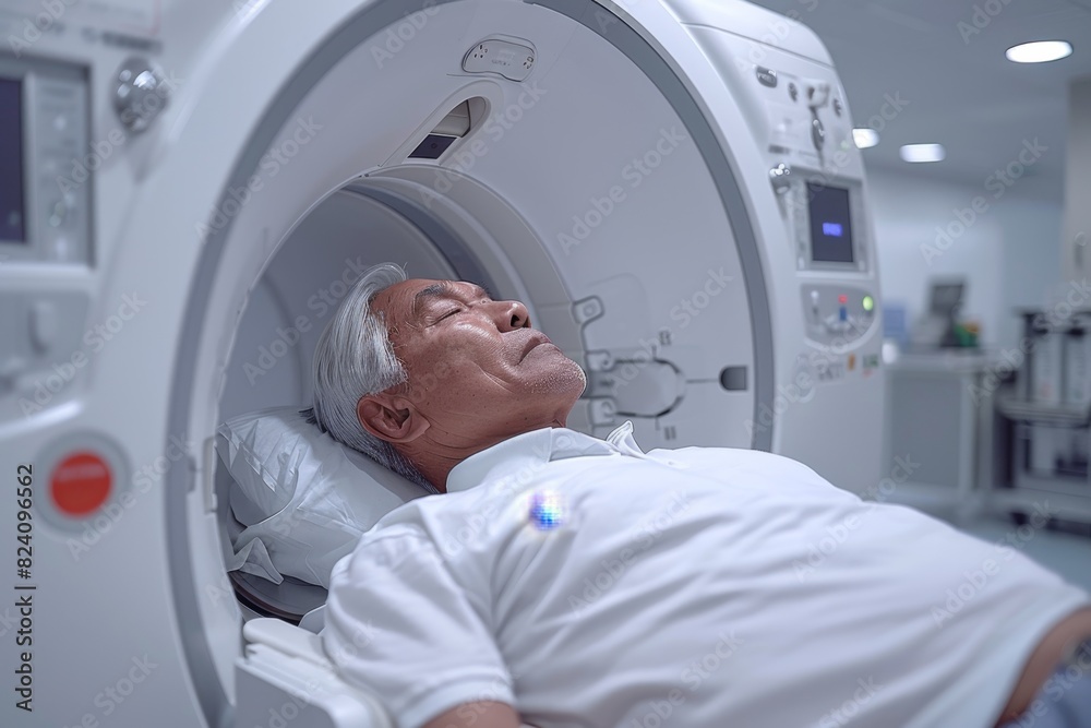 An elderly man lies in a CT scanner for an examination. The patient is ...