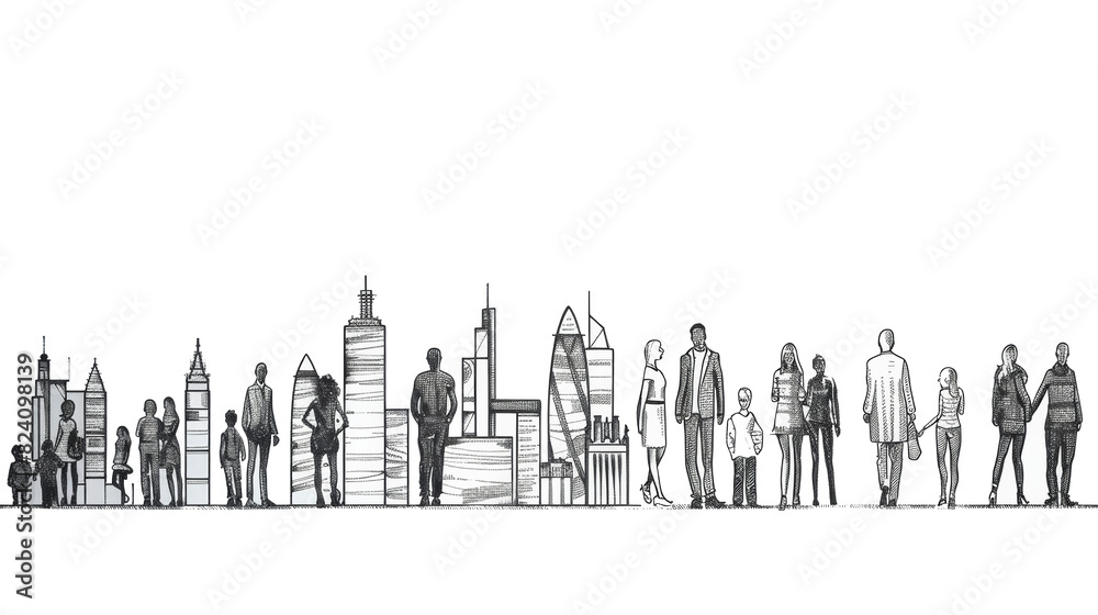 Architecture, HB pencil drawn human figures, man, woman, kids, people ...