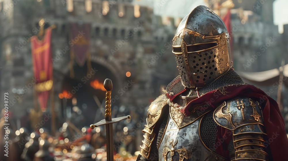 Describe a time traveler visiting a medieval castle, with knights in ...