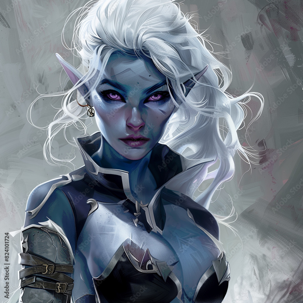 female drow adventurer with flowing long white hair, violet glowing eyes, white and grey ...