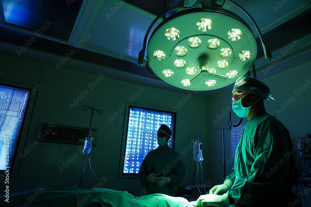 Surgeon in Modern Operating Room with Surgery Lights, Performing ...