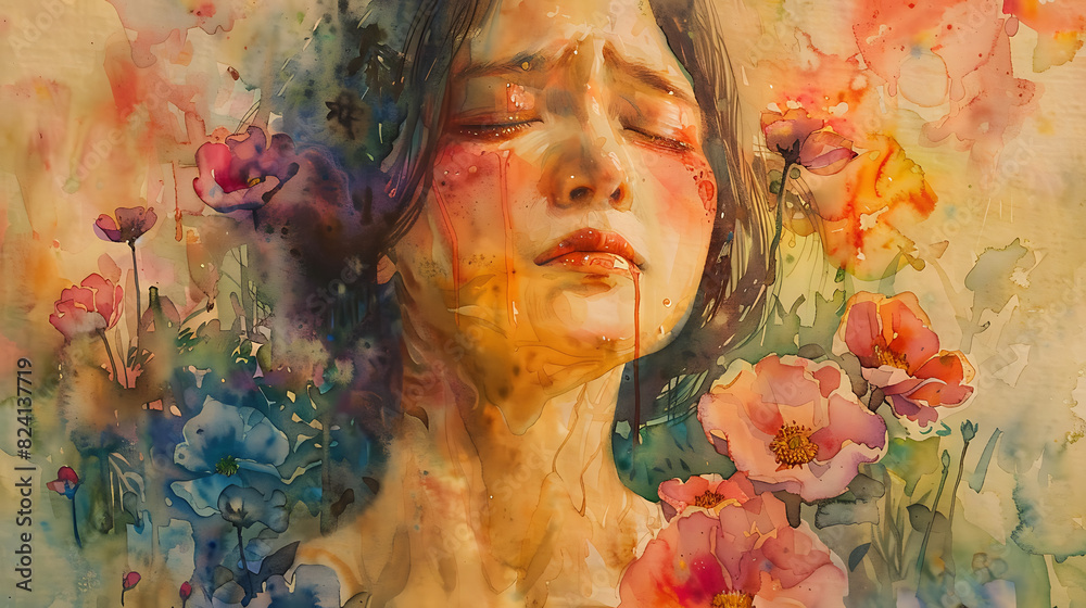 A watercolor painting of a woman crying, her face turned slightly to ...