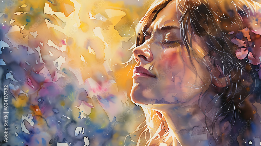 A watercolor painting of a woman crying, her face turned slightly to ...