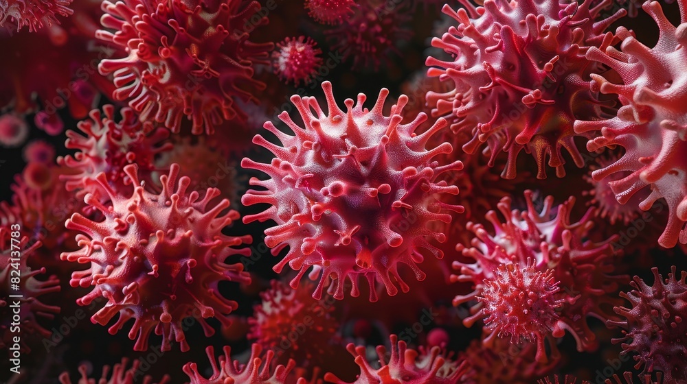 Close-up of multiple red viruses with spiky surfaces, highlighting the ...