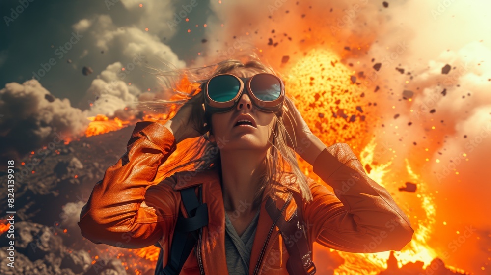 A woman in an orange leather jacket and large sunglasses looks shocked ...