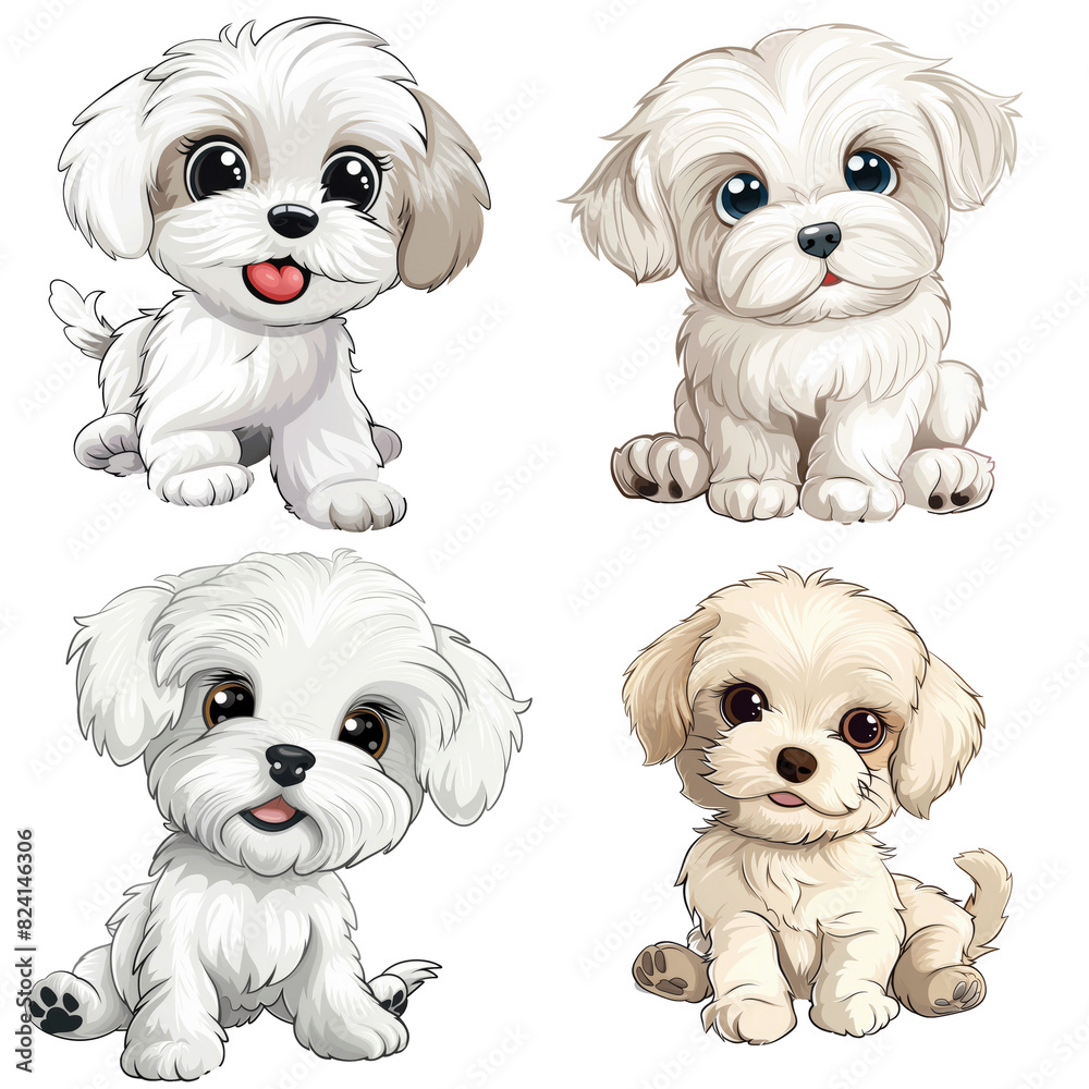 Set of 4 cute cartoon characters of maltese puppy in comic style ...