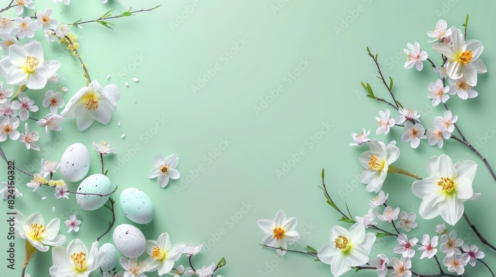 Festive banner with spring flowers and Easter eggs, white daffodils and ...