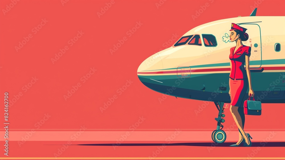 Air hostess in uniform flat design side view boarding theme cartoon ...