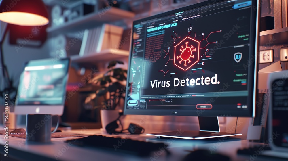 A desktop monitor displays a severe warning message, "Virus Detected ...