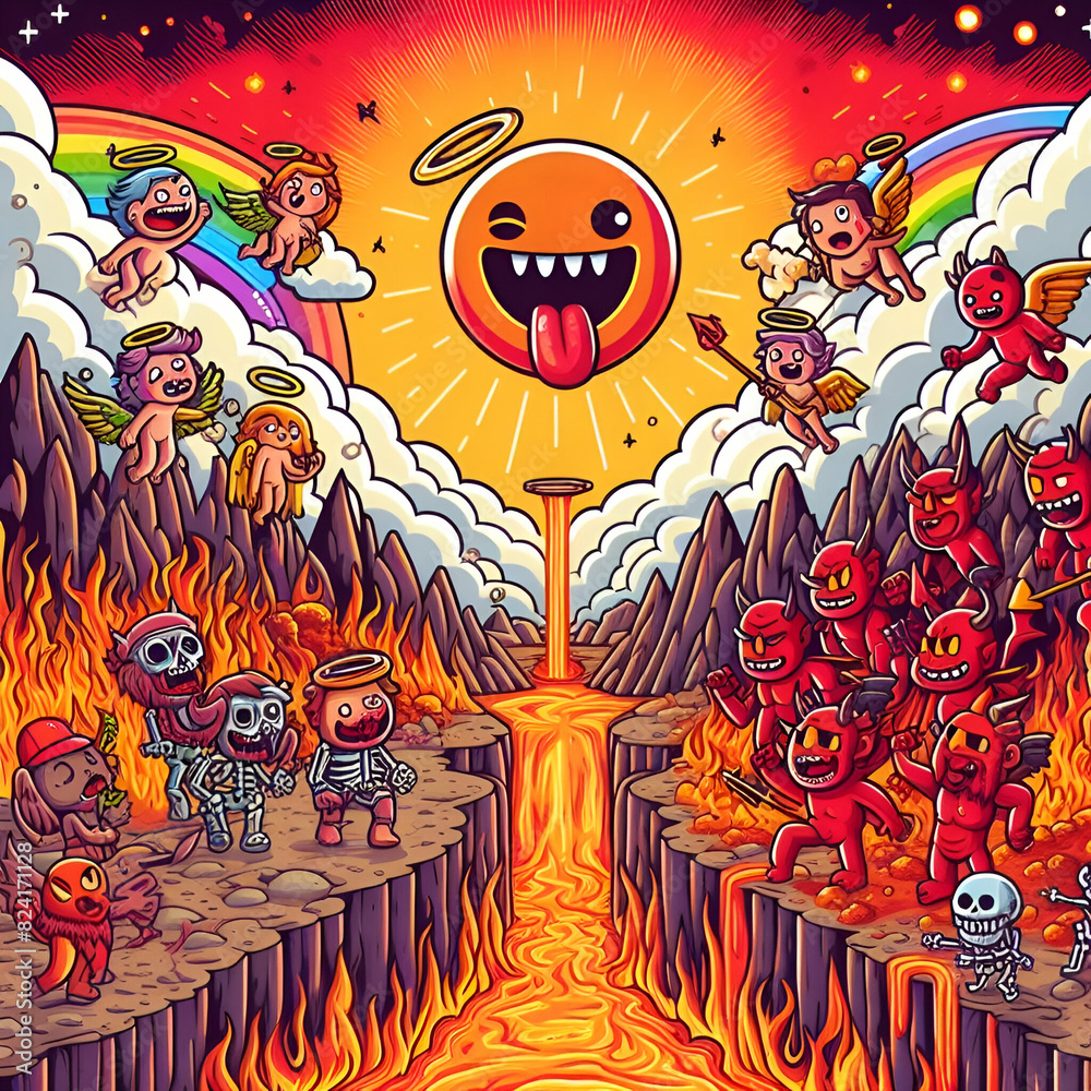 Cartoon of Miserable Horned Daemons Skeletons Pitchfork Hell Flames ...