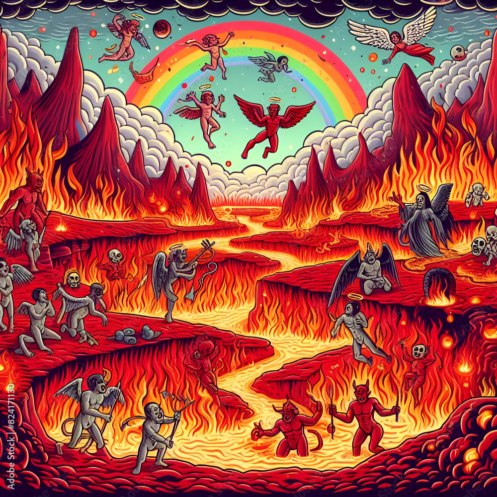 Cartoon of Miserable Horned Daemons Skeletons Pitchfork Hell Flames ...