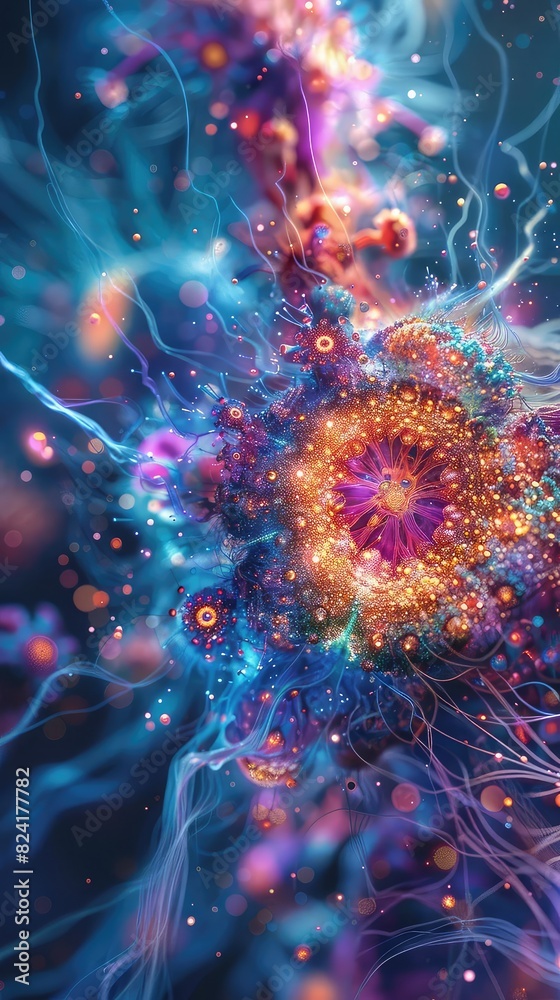 Abstract visualization of malaria spread with swirling particles, Cyberpunk, Neon Colors, High ...