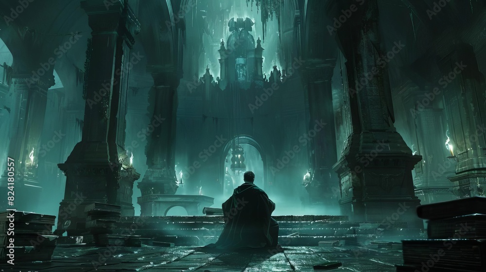 Illustrate a dark lord sitting in a grand, gothic hall, surrounded by ...