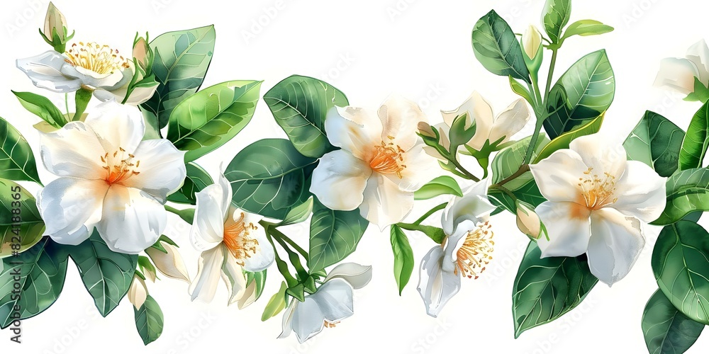 Watercolor painting of jasmine flowers in a botanical corner border ...