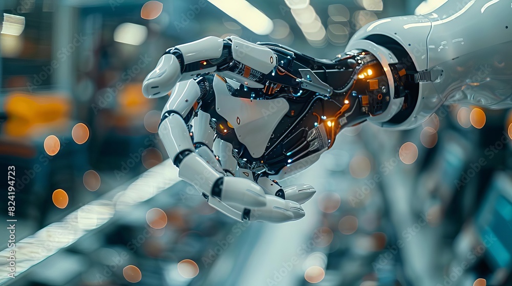 Illustrate a futuristic factory where AI robots work alongside humans ...