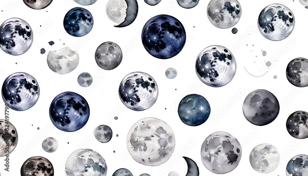 space phases hand design watercolor various modern drawn print moon ...