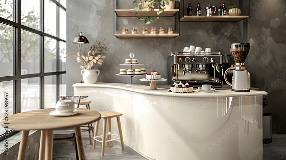 Small modern Korean style design cafe, glossy ivory white round corner ...