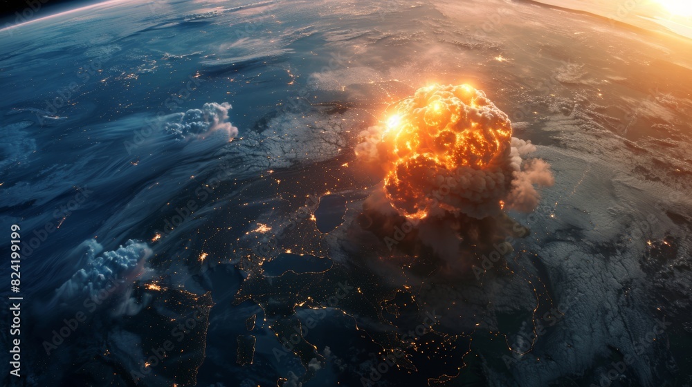 Aerial perspective of Earth's surface being impacted by a nuclear ...