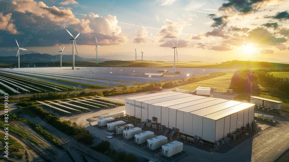 Aerial view of green energy storage facility, surrounded by wind farms ...