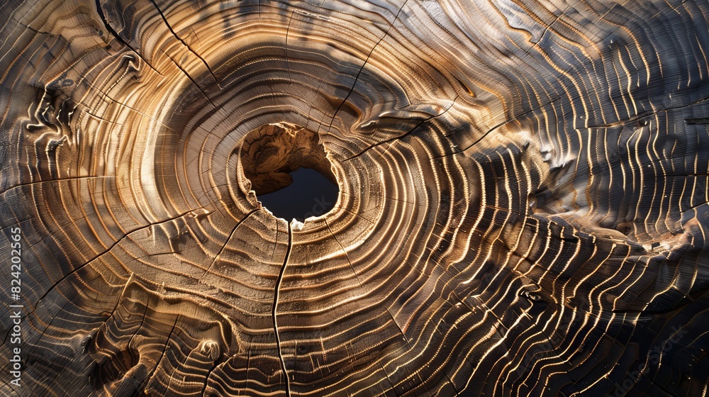 Detailed close-up of a halved tree's cross-section, featuring a ...
