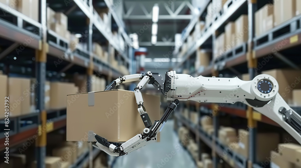 Industrial robot arm grabbing the cardboard box on roller conveyor rack ...