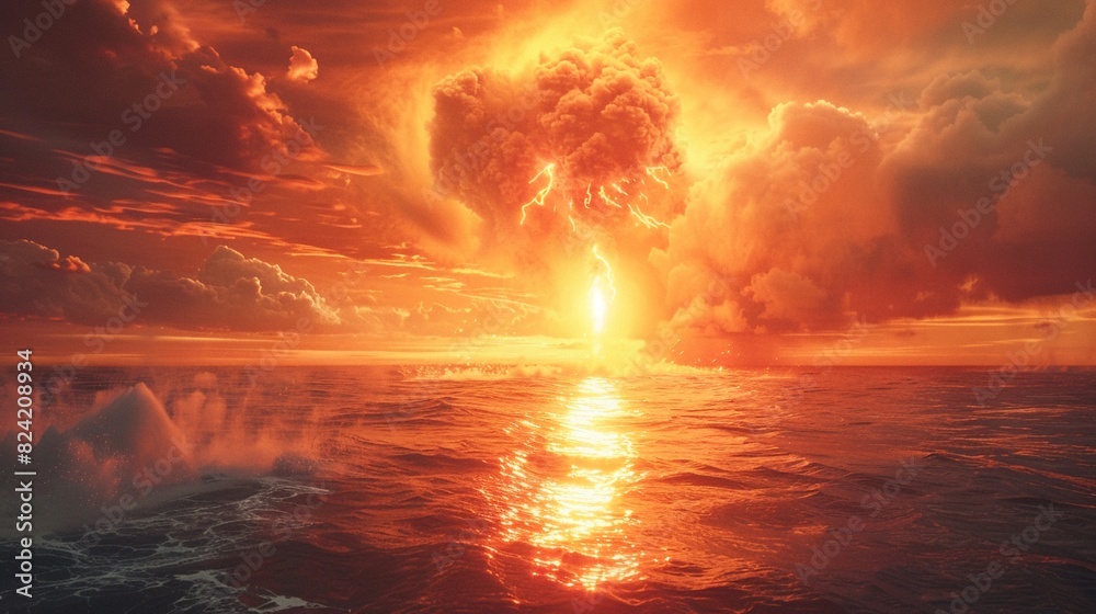 Oceanic nuclear explosion, towering fire plume, water igniting into ...