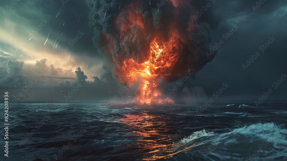 Oceanic nuclear explosion, towering fire plume, water igniting into ...