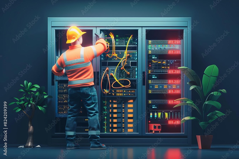 it engineer installing hardware components in modern server rack data ...