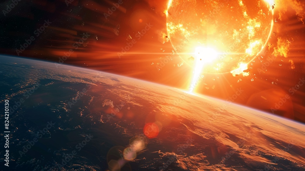 Space view of a cataclysmic nuclear explosion on Earth, blinding light ...