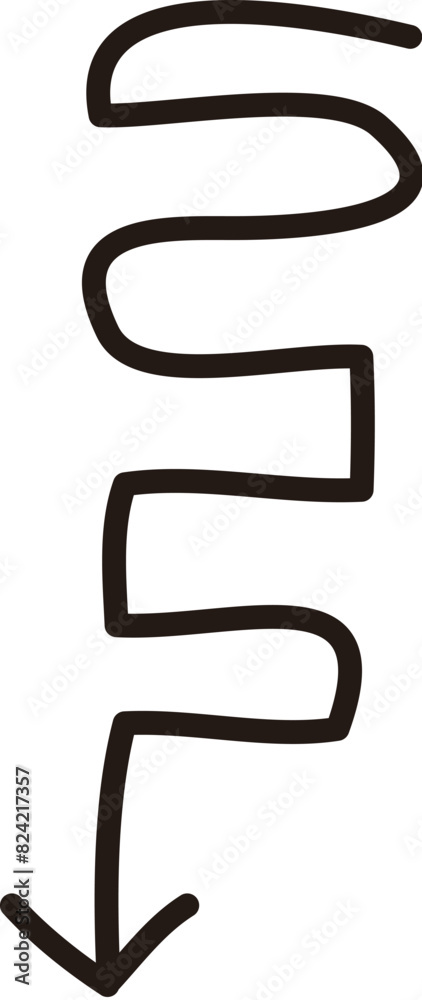 Continuous curved arrow pointing downward with hand-drawn style Stock ...