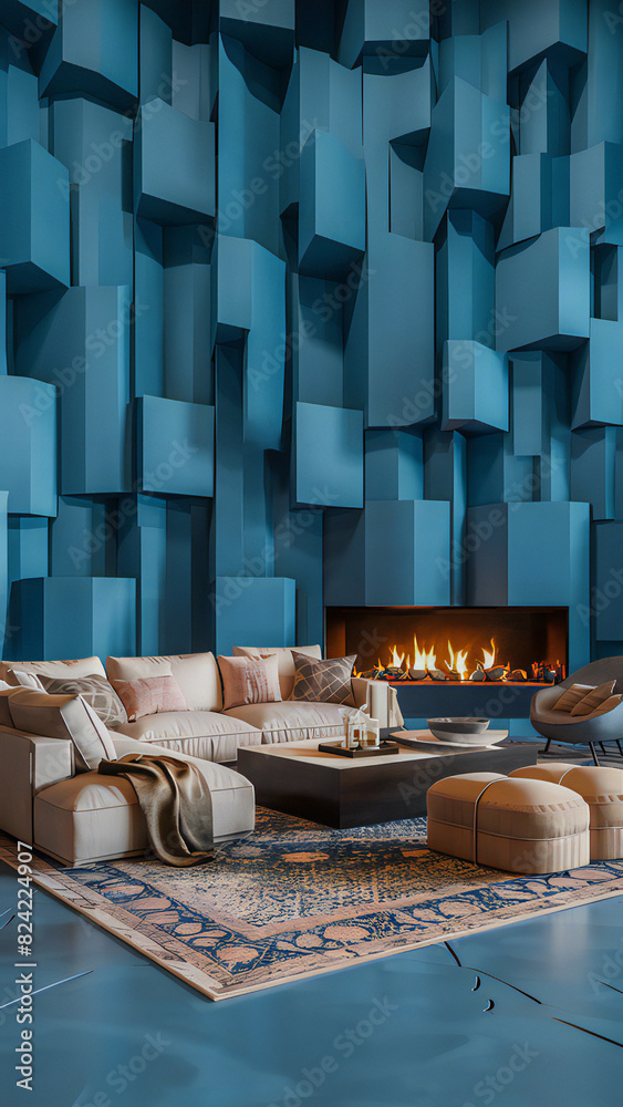 Stunning 3D Render of a Modern Cozy Living Room with Blue Wall Texture ...