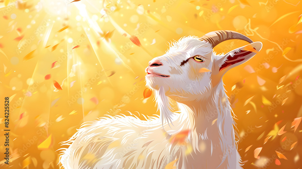 Eid ul Azha celebration: a goat with long horns under a shining sun in ...