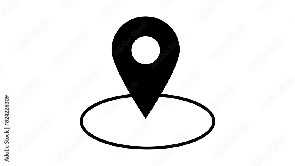 Black and white icon of a map pin dropping into a location circle on ...
