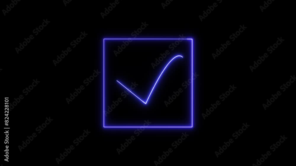 Neon blue check mark inside a square animated on a black background ...