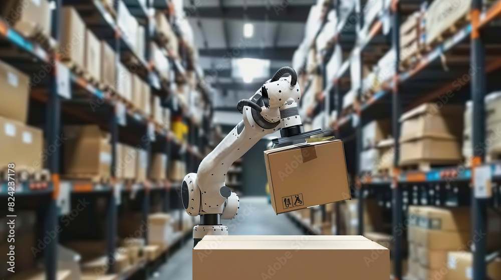 Industrial robot arm grabbing the cardboard box on roller conveyor rack ...