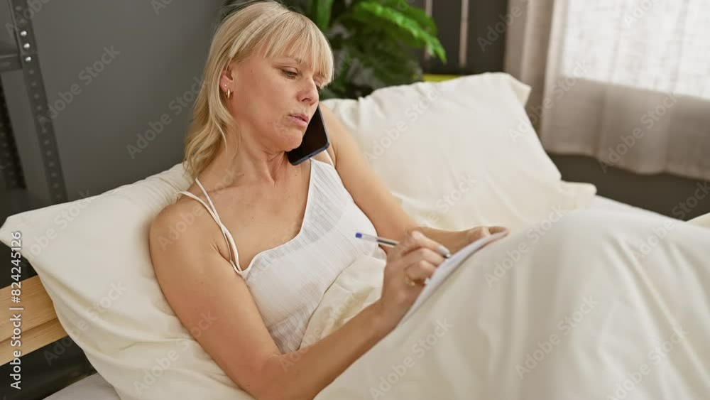 A relaxed mature woman multitasking with a phone call and writing notes ...