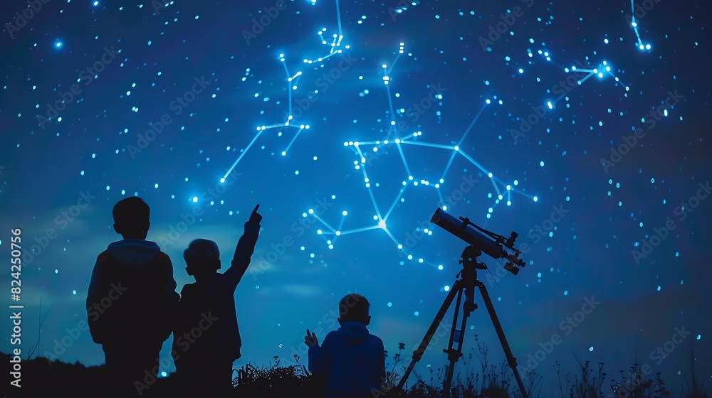 Parents and children stargazing in the backyard, telescope set up ...