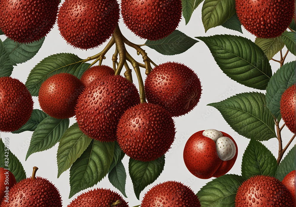 Detailed Botanical Illustration of Lychee Fruit on Branch with Leaves ...