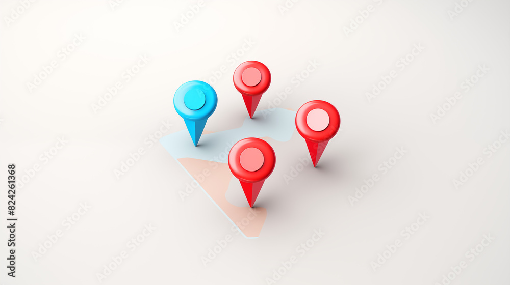 A 3D illustration of four map pins, three red and one blue, placed on a ...