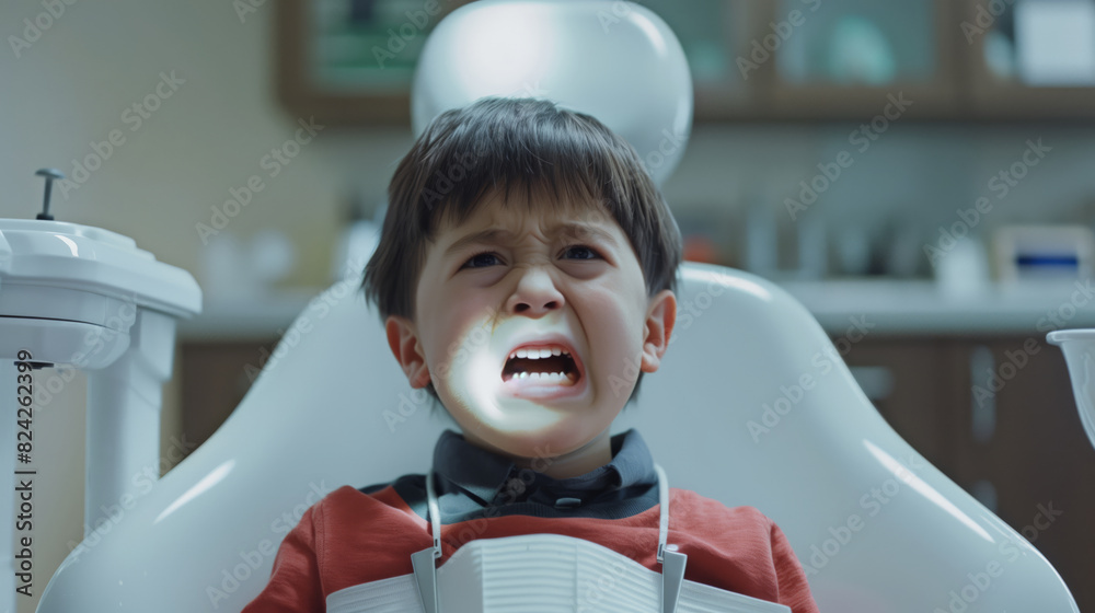A little crying boy does not want to treat his teeth. He is sitting in ...