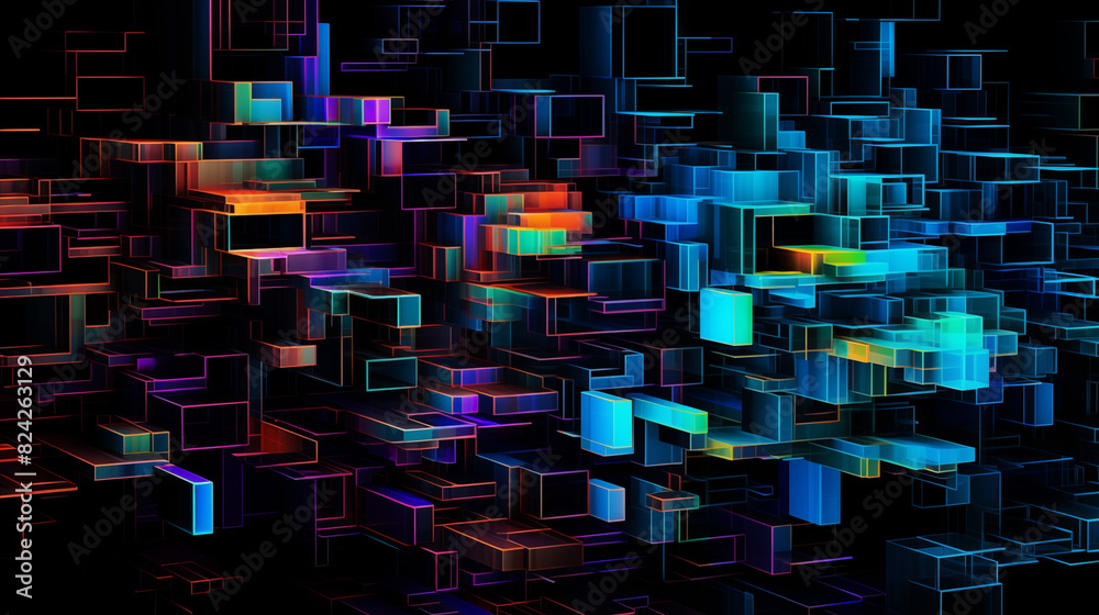 Abstract digital art of glowing neon blocks in a 3D space, featuring a ...